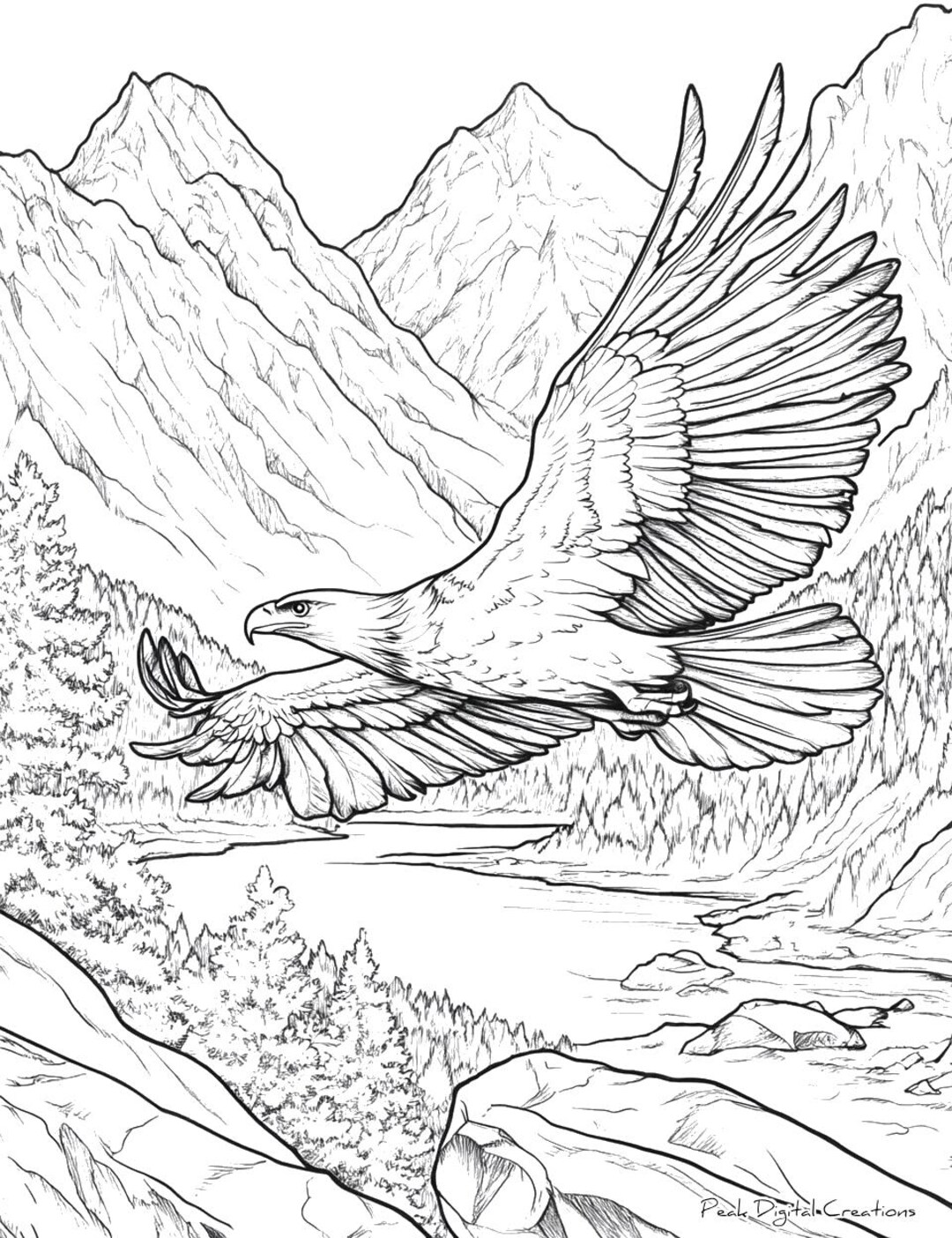 Majestic Mountain Peaks: Coloring Page With Soaring Eagle - Etsy