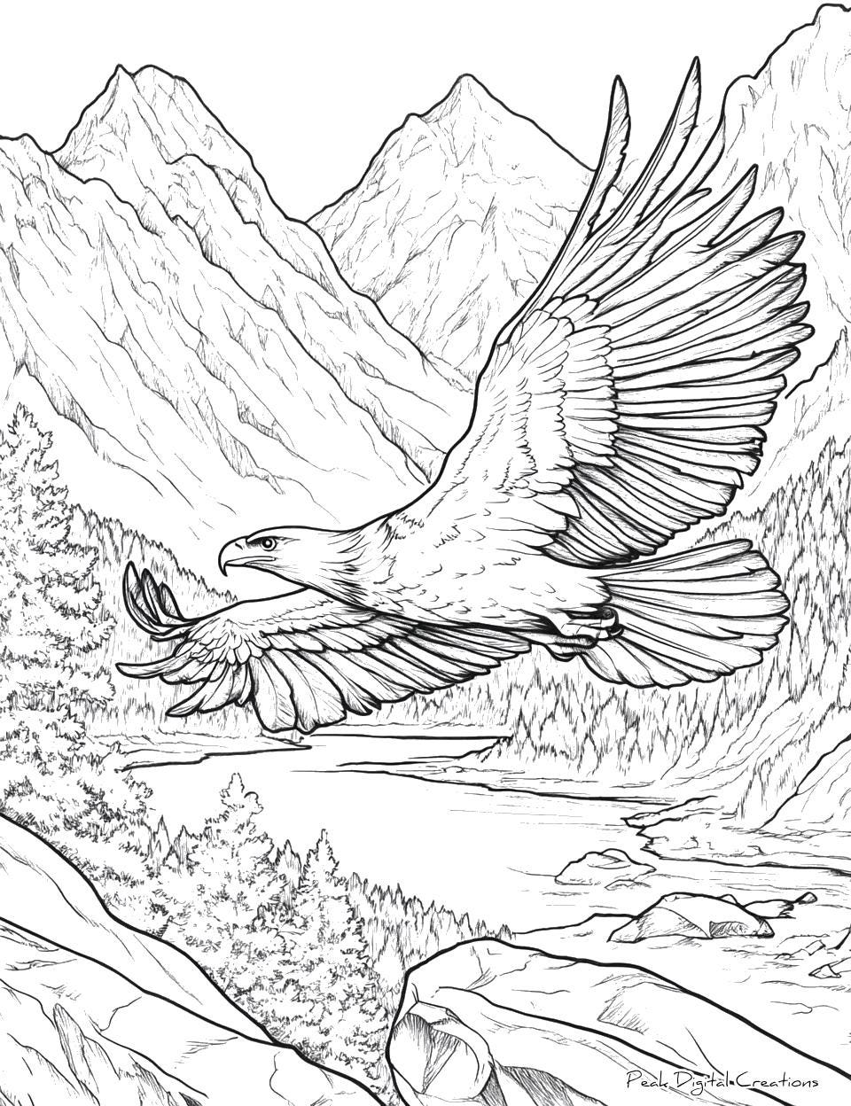 Majestic Mountain Peaks: Coloring Page With Soaring Eagle - Etsy