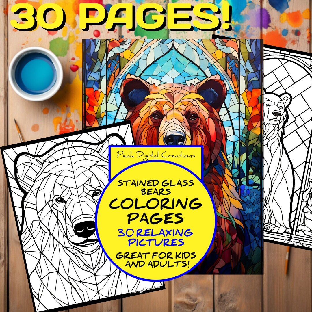 Bears Stained Glass Style Coloring Page Pack - 30 Pages - Etsy
