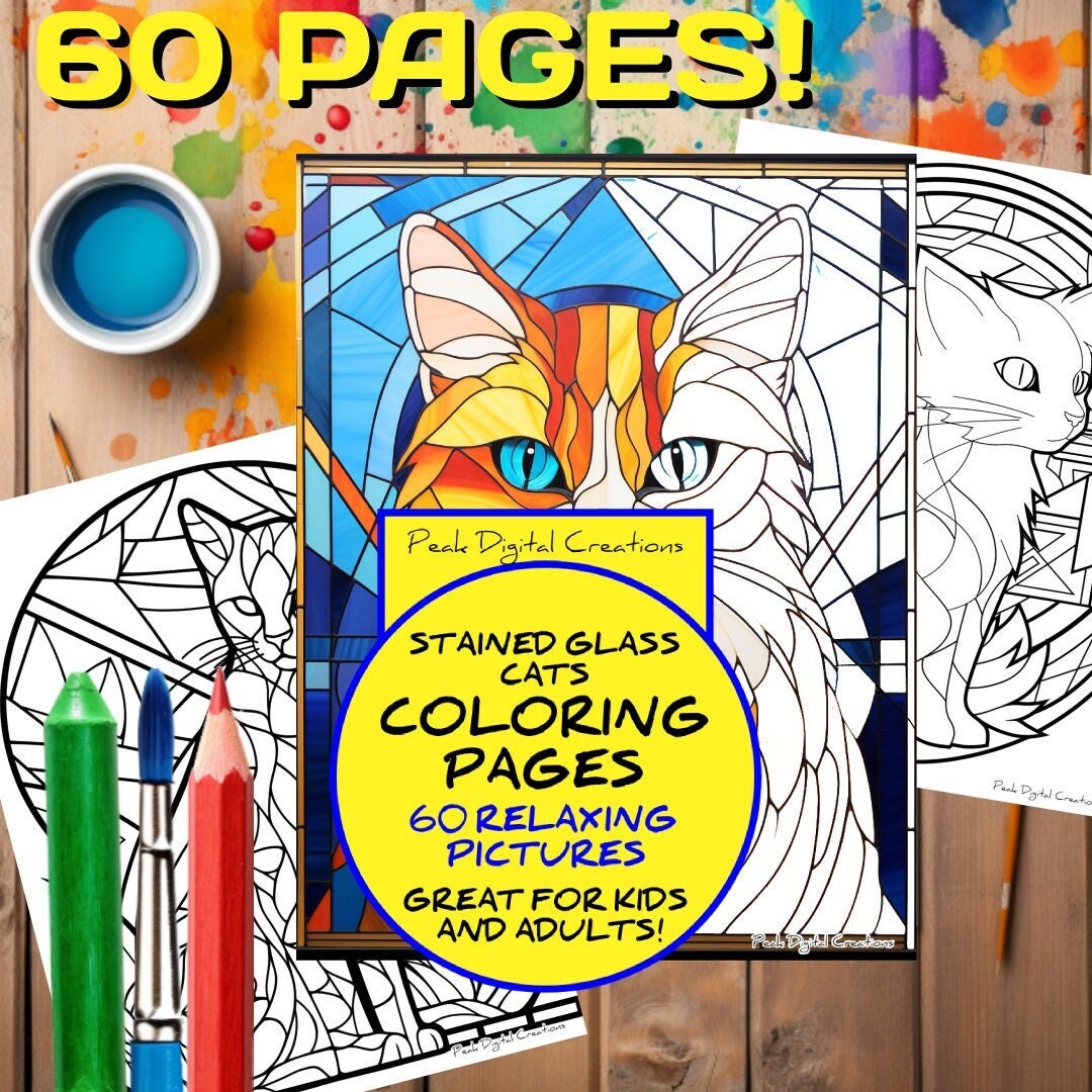 Cats Stained Glass Style Coloring Page Pack - 60 Pages - Etsy