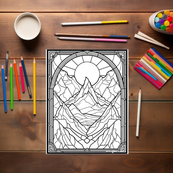 Mountains Stained Glass Style Coloring Page Pack - 30 Pages - Etsy