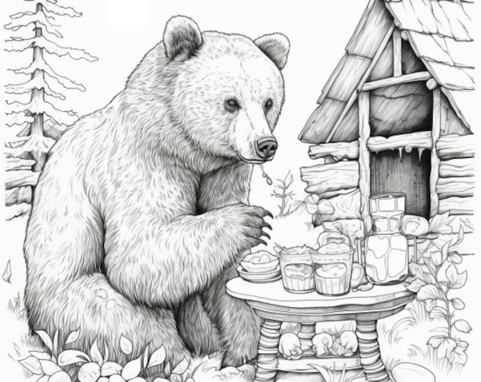 Adult Coloring Page, Grayscale Bear With Honey Jar, Printable JPG ...