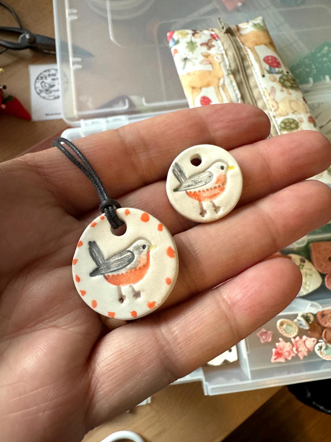 Adjustable Hand Painted and Stamped Ceramic Robin Pendant Necklace ...