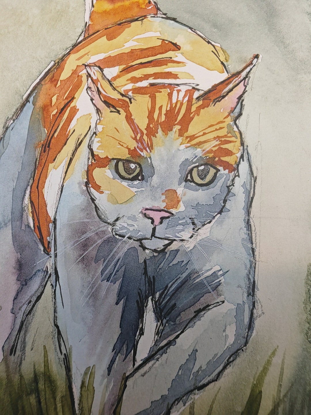 Original Watercolor and Mixed Media Cat in the Grass - Etsy