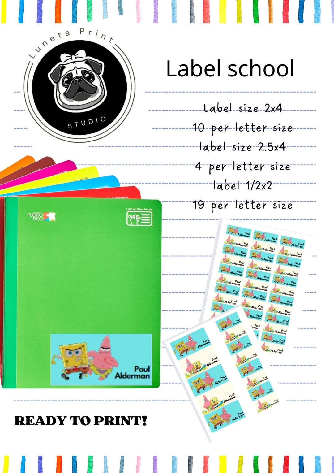 Sponge Bob Name Labels Printable Name Labels for School, Personalized ...