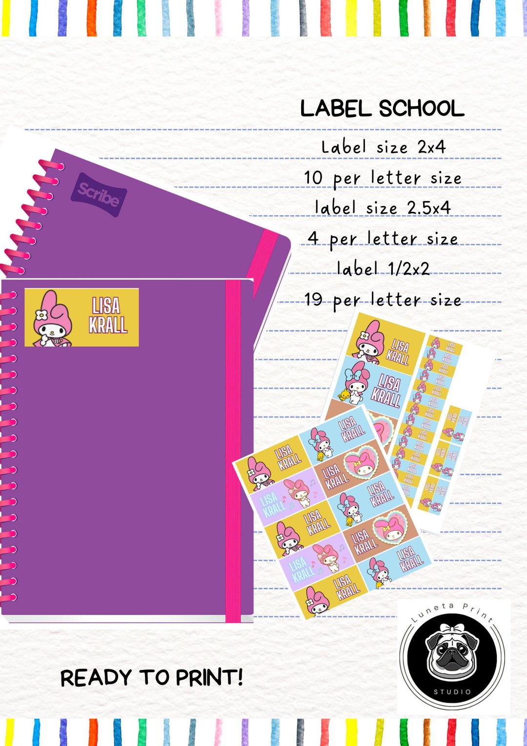 MELODY KITTY Name Labels Printable Name Labels for School, Personalized ...