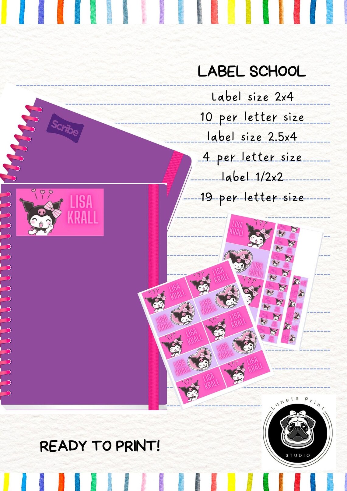 KUROMI KITTY Name Labels Printable Name Labels for School, Personalized ...