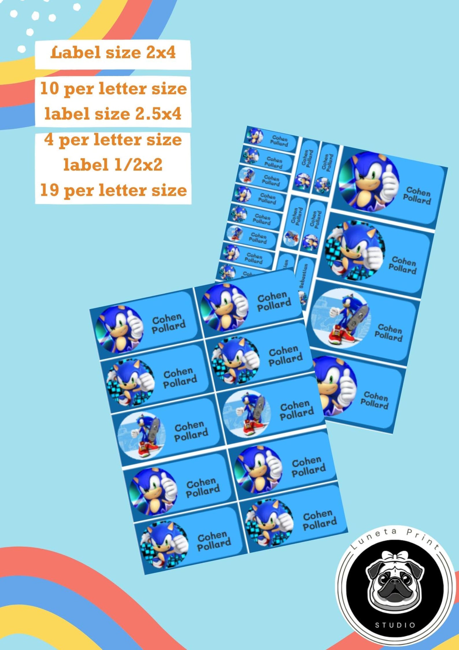 SONIC Name Labels Printable Name Labels for School, Personalized Name ...