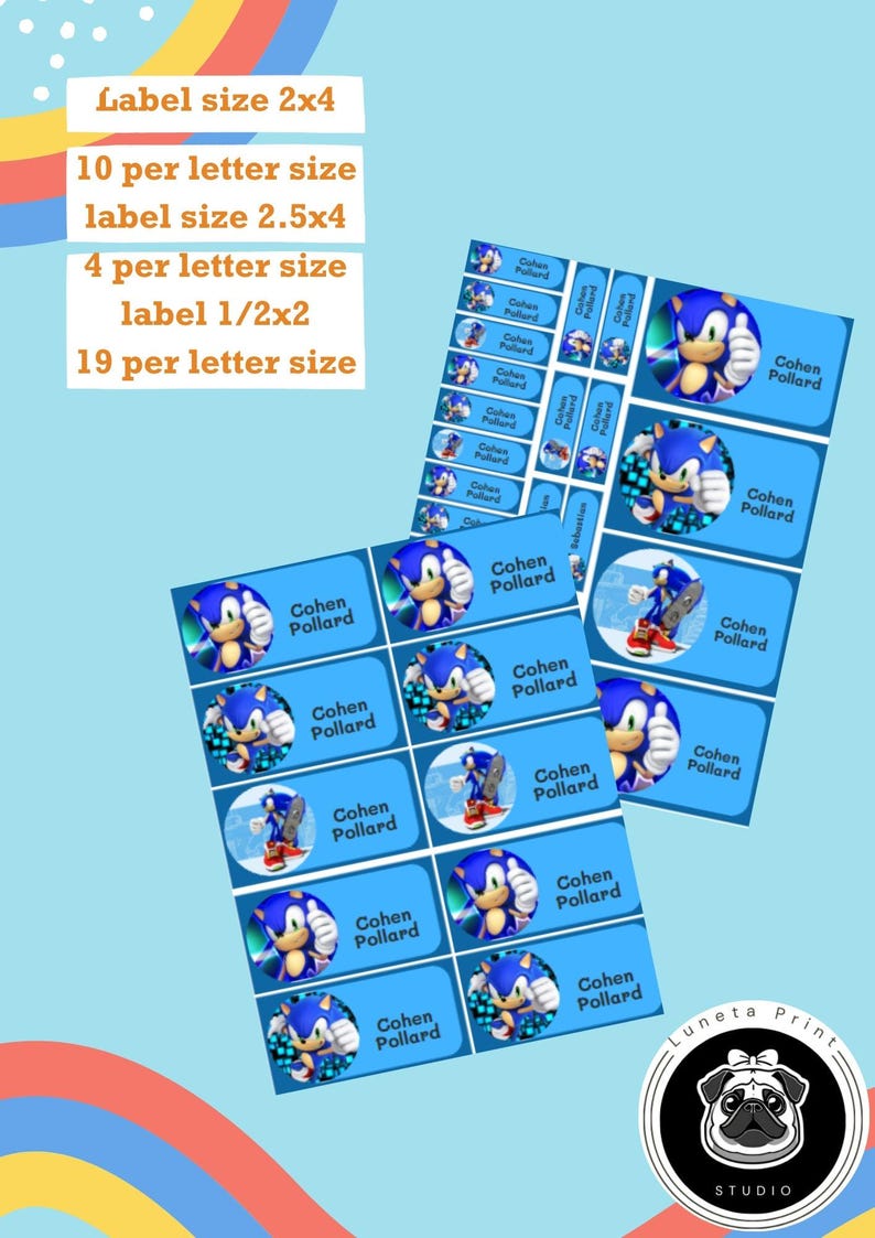 SONIC Name Labels Printable Name Labels for School, Personalized Name ...