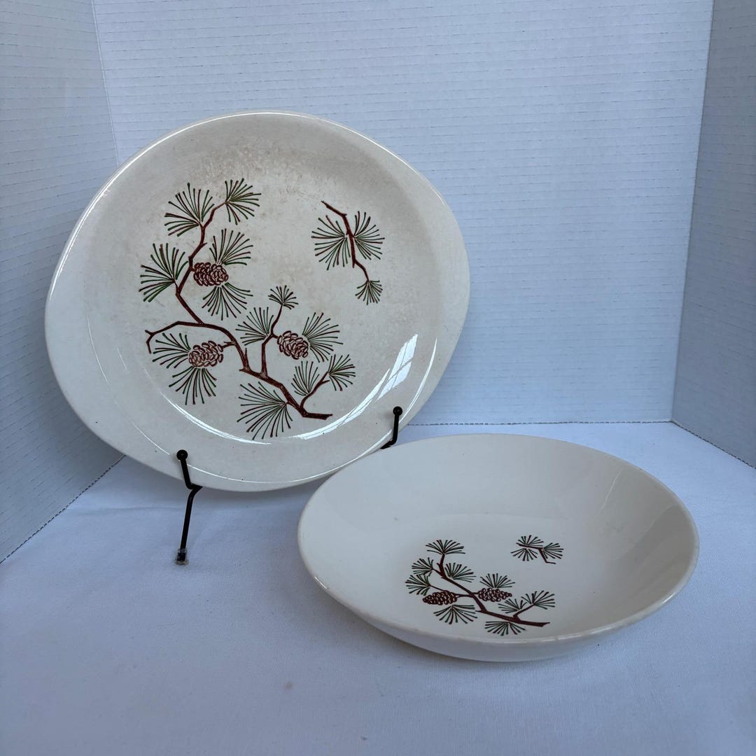 Vintage Ovenproof Dinnerware Pine Cone Hand Decorated Platter and Bowl ...