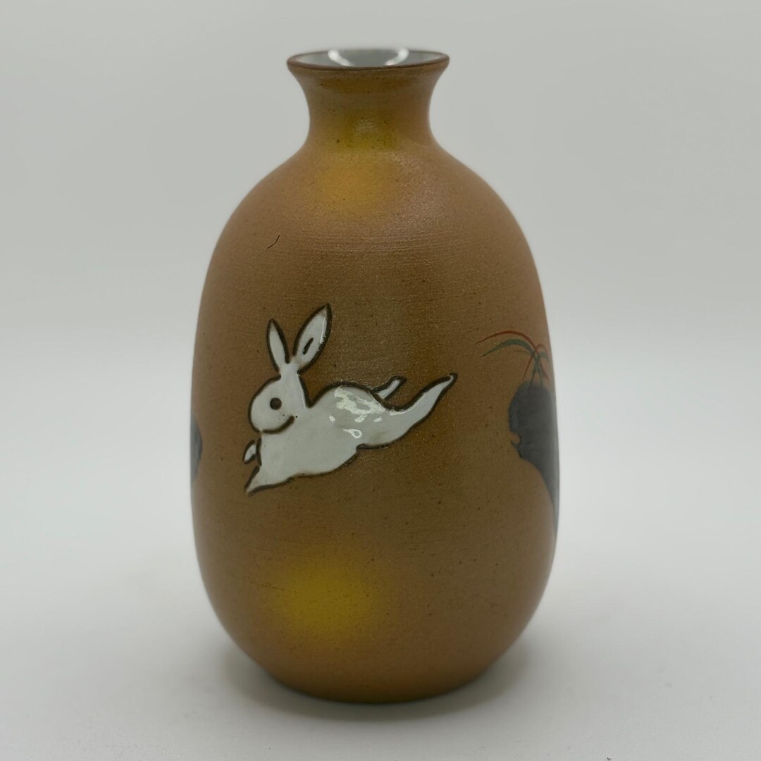 Japanese Ceramic Tamba Sake Bottle Brown White Rabbit Design Moon Reeds ...