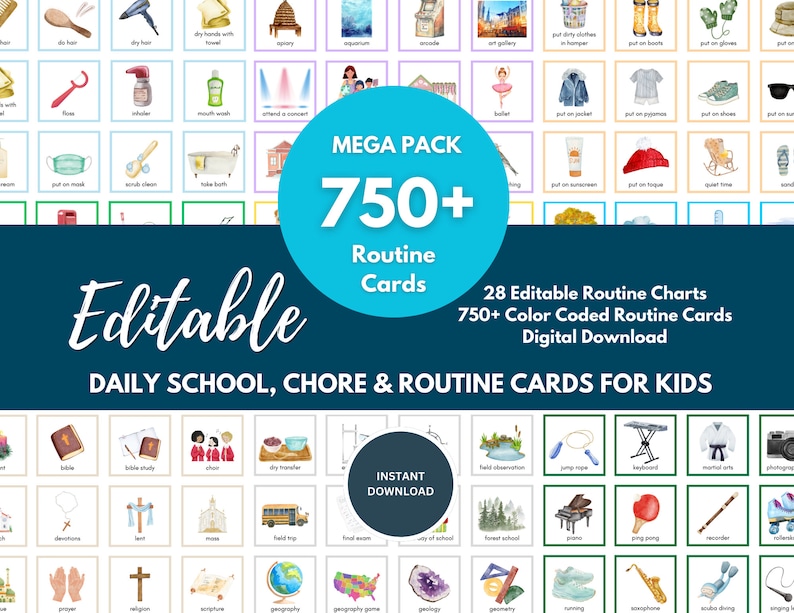 Editable Kids Daily Visual Routine Cards and Chore Chart, Daily Visual ...