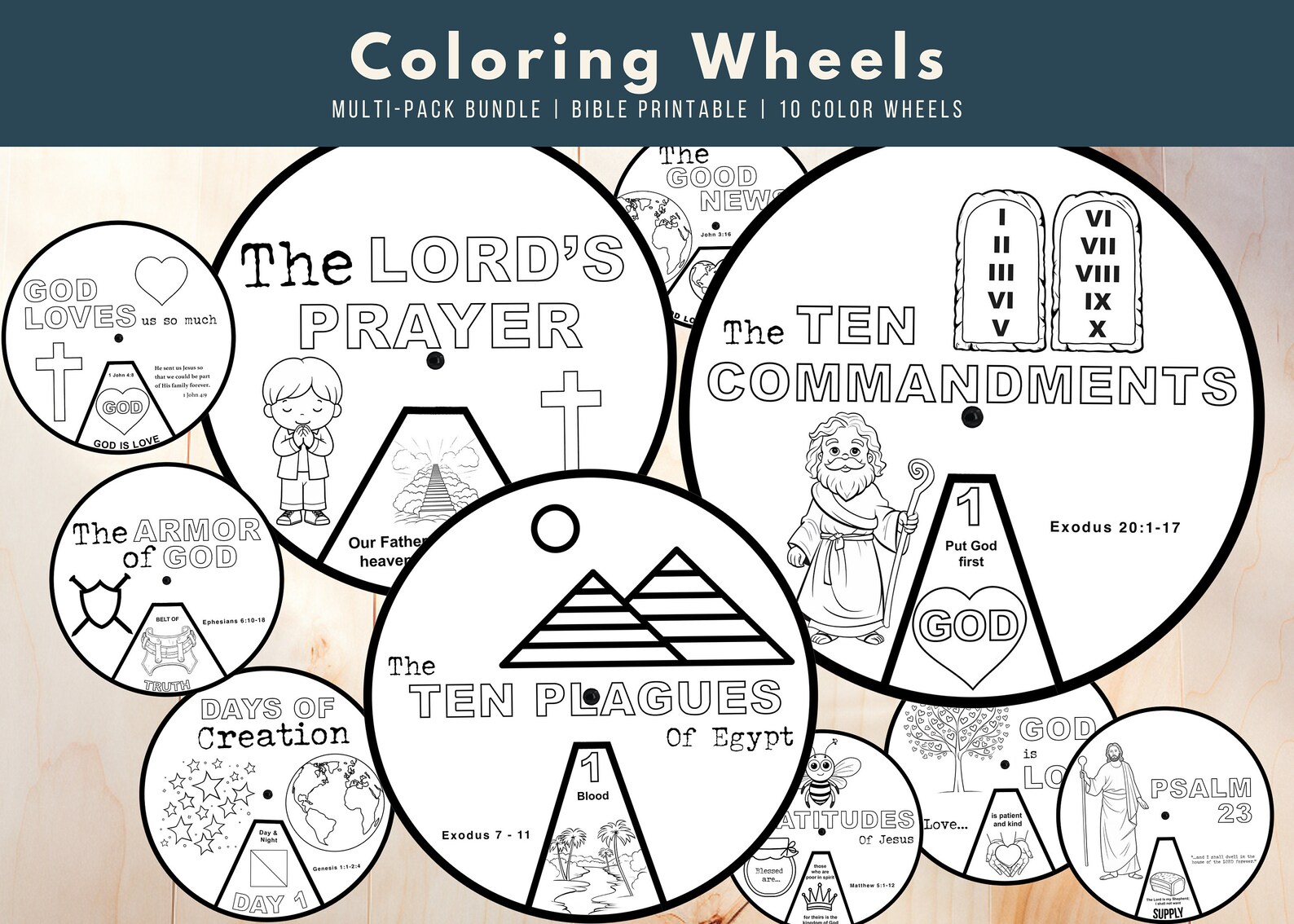 10 Pack Coloring Wheel Bundle for Kids, Printable Bible Activity, Kids ...