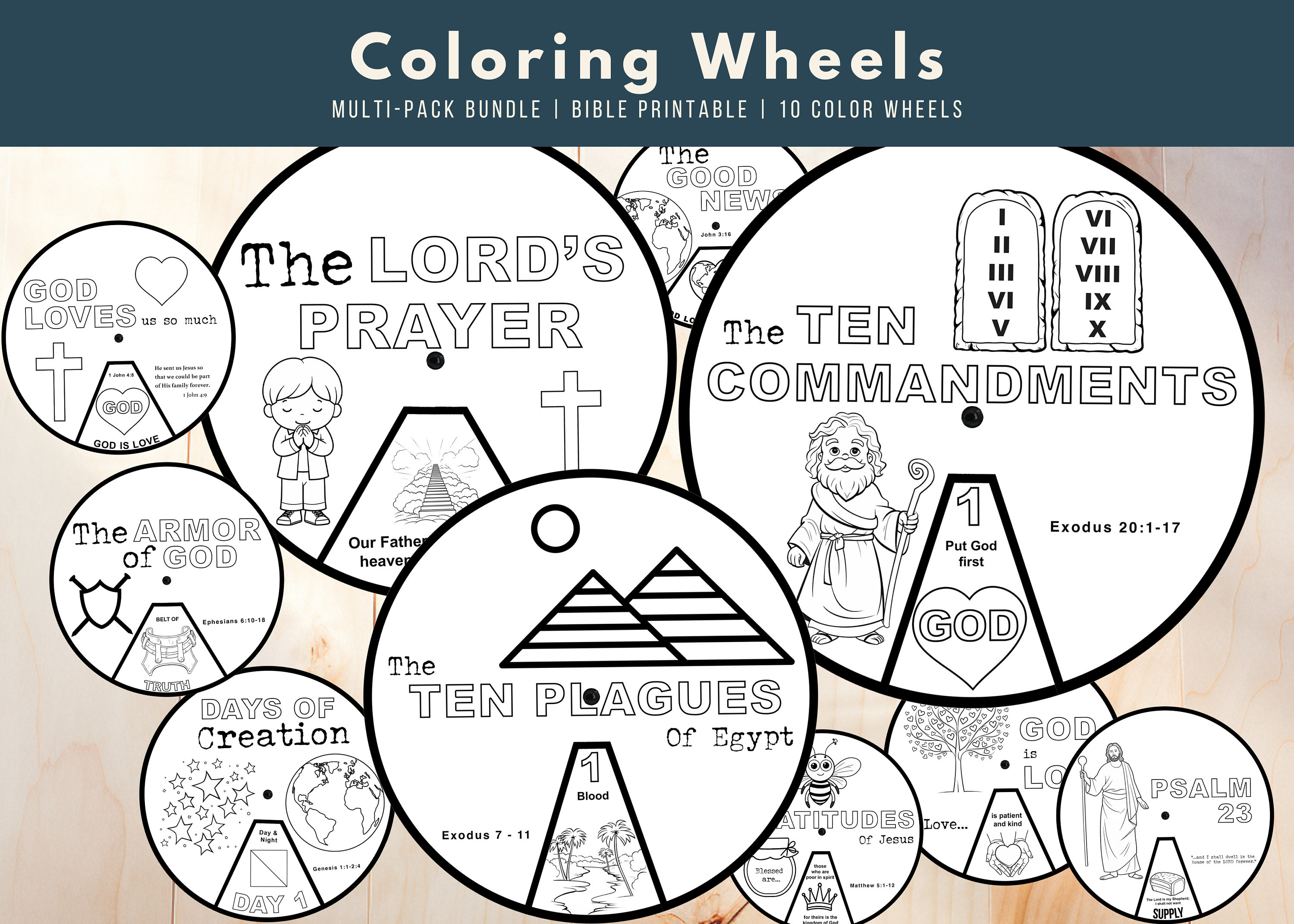 10 Pack Coloring Wheel Bundle for Kids, Printable Bible Activity, Kids ...