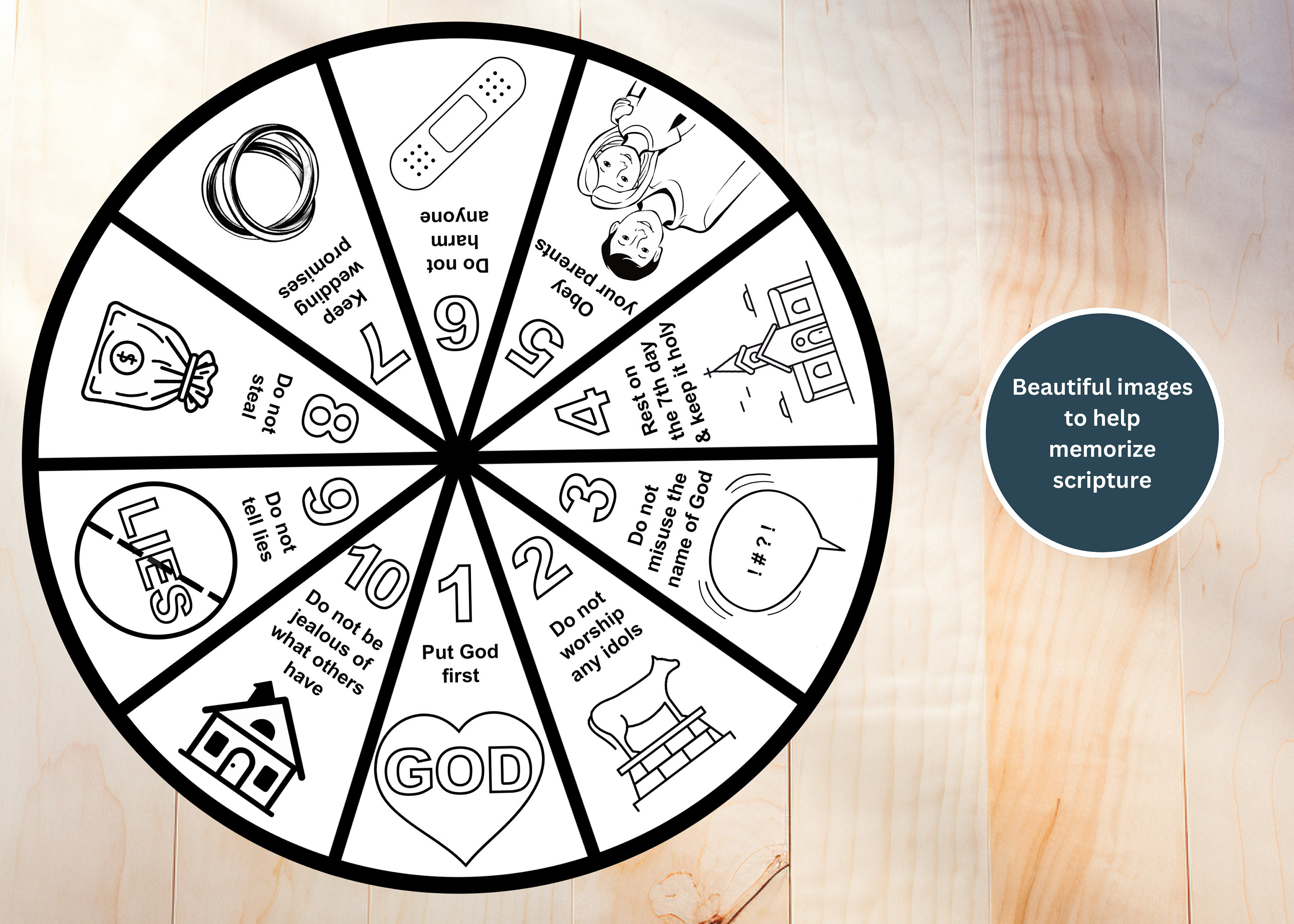 The Ten Commandments Bible Coloring Wheel, Church Lesson Printable ...