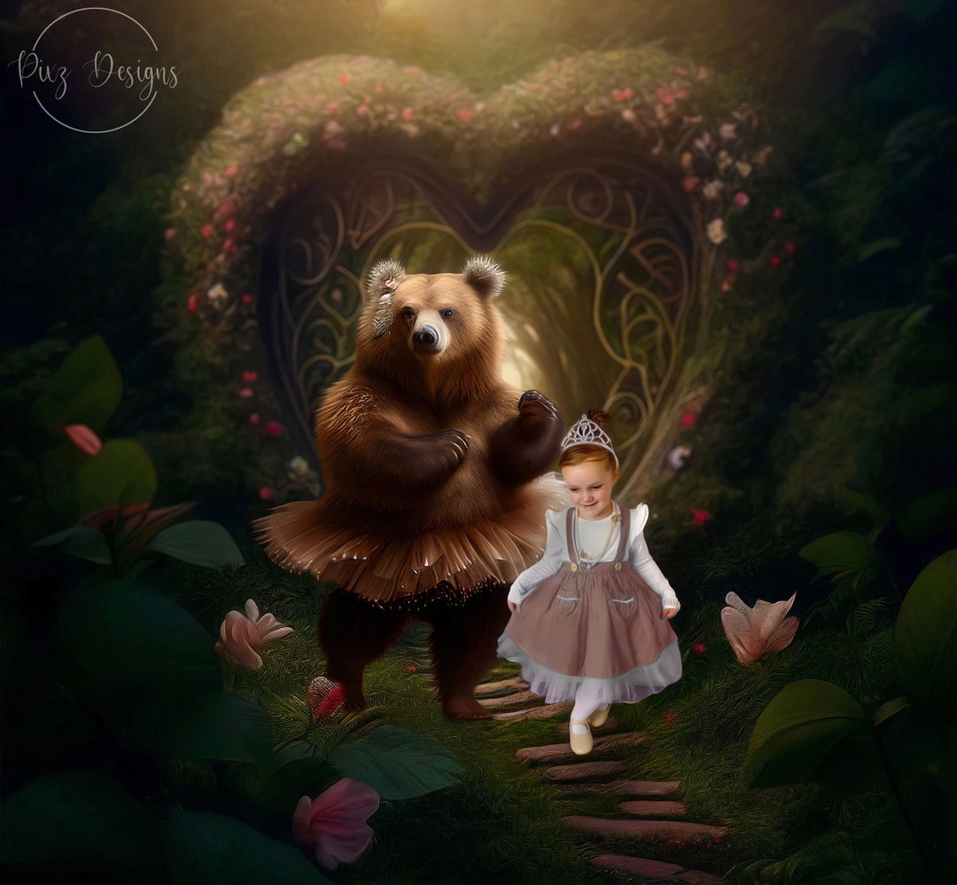 Bear in the Woods Digital Background, Heart Shaped Door, Bear Dancing ...