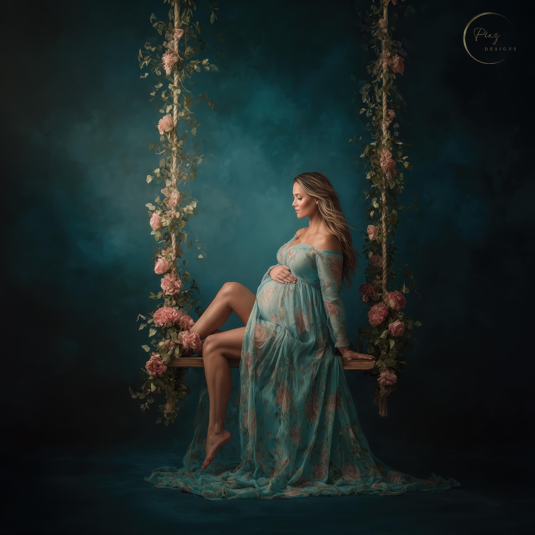 Maternity Digital Backdrop, Elegant Maternity Background, Teal Floral ...