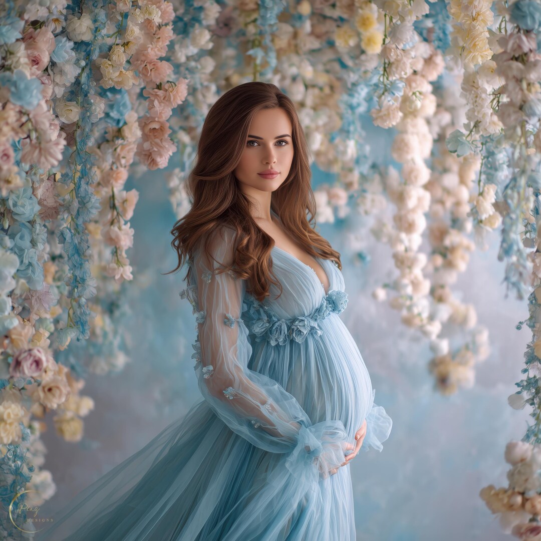 Maternity Digital Backdrop, Elegant Maternity Background, Blue Floral ...