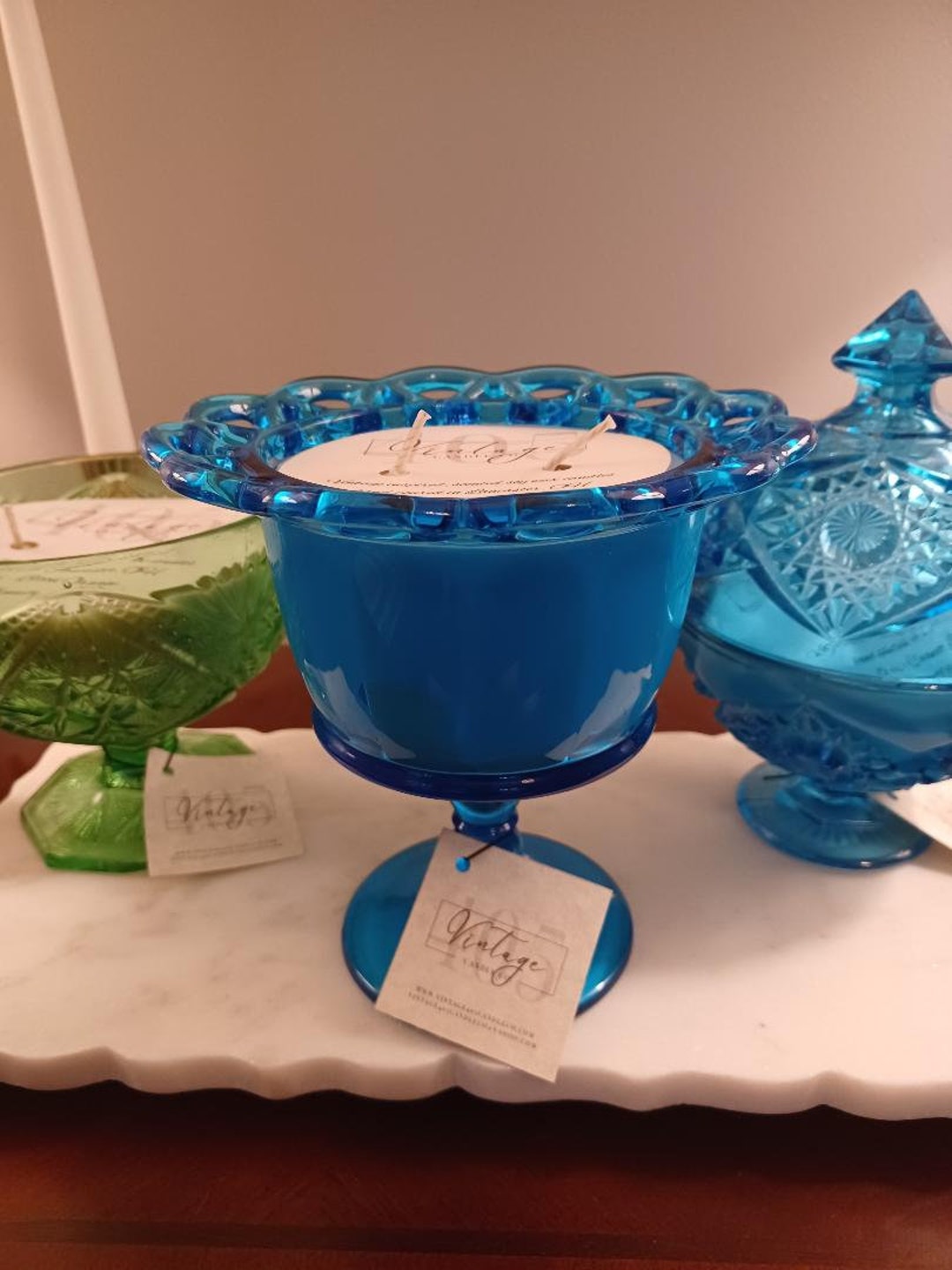 Imperial Glass Blue Compote Pedestal With Lace Edge 100% Soy - Etsy