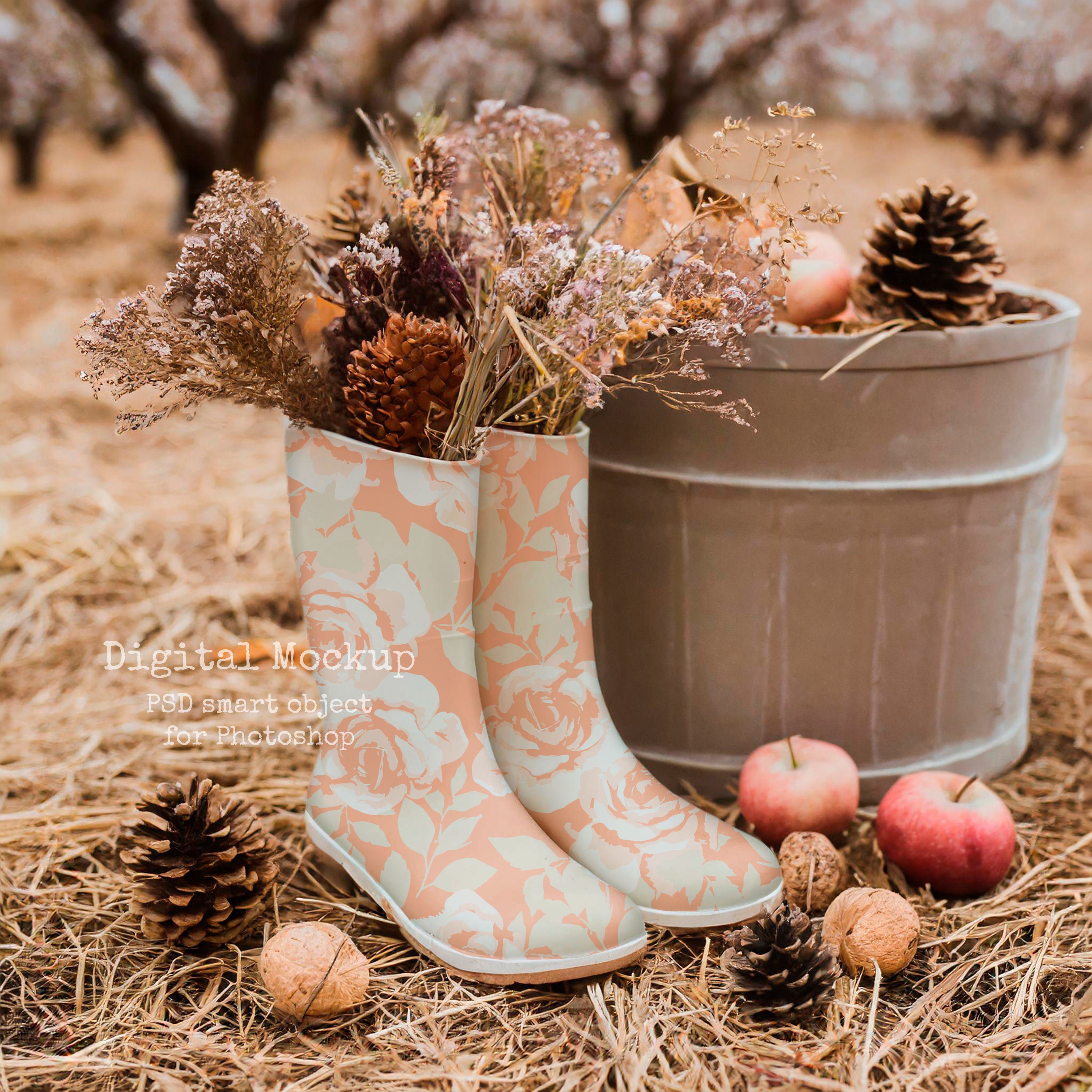Dry Flowers Wellies Mockup Psd, Pattern Mockup, Garden Mockup ...