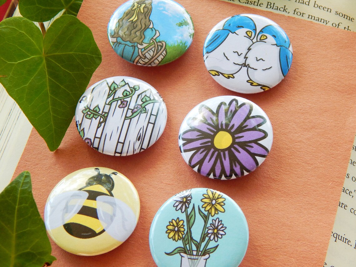 Blue Cottagecore Pin Button Set Measuring 1.25", 6 Piece Collection ...