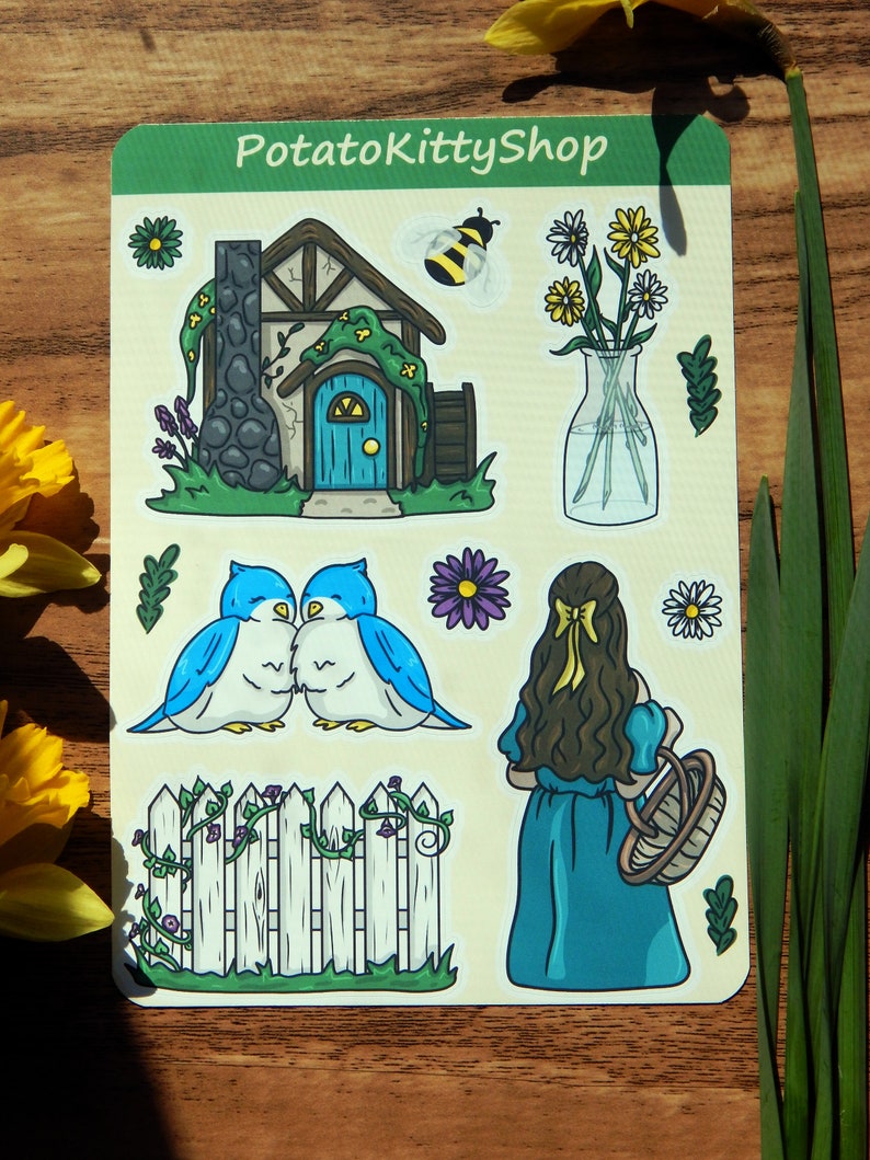 Cottage Core Sticker Sheet With Blue Accents, Morning Glory Flowers ...