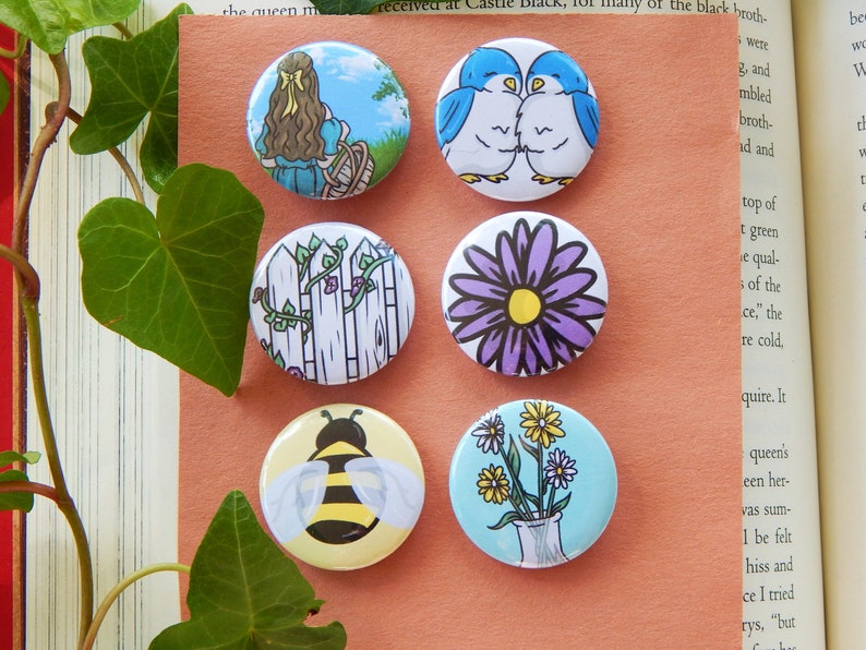 Blue Cottagecore Pin Button Set Measuring 1.25", 6 Piece Collection ...