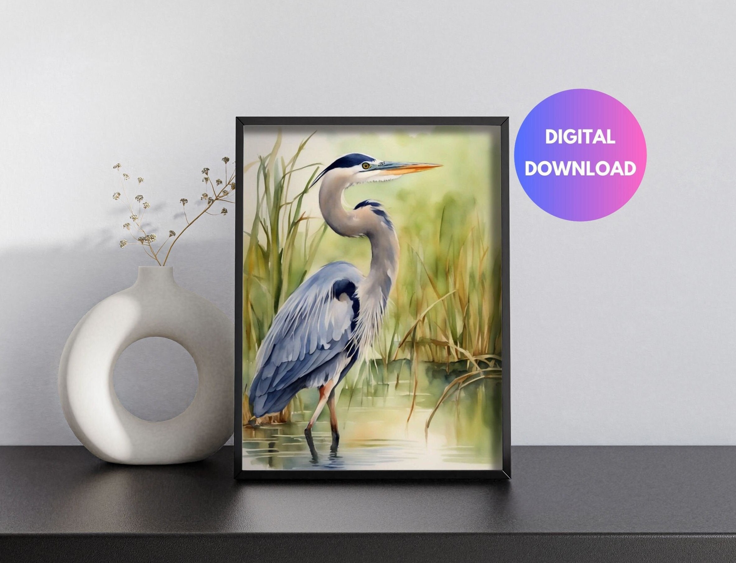 Great Blue Heron Poster, Nature Watercolor Wild Bird Print, Great Blue ...