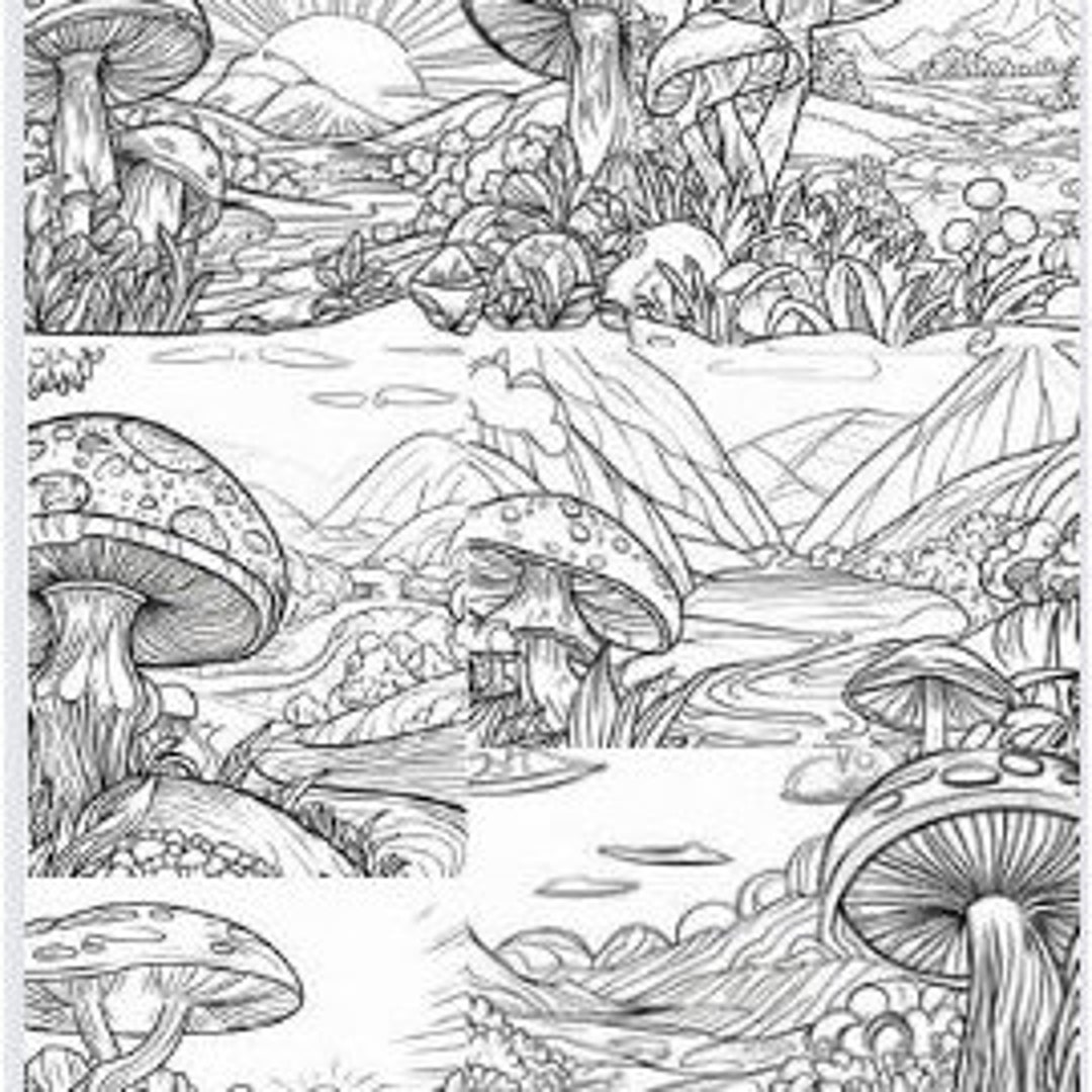 Coloring Pages Relaxing Landscapes With Mushrooms - Etsy
