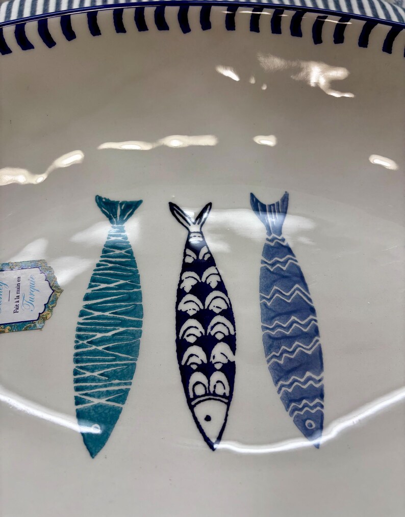 Vintage Style Colorful Fish With Blue Trim Serving Bowl - Turkish Style ...