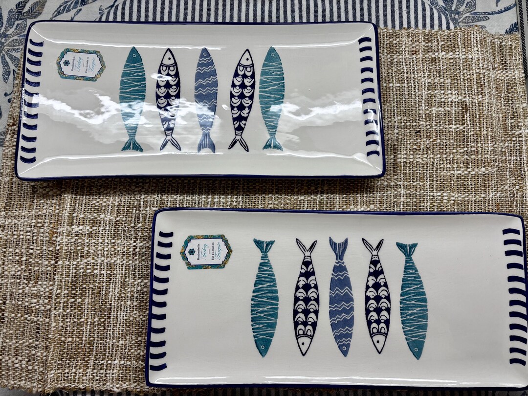 Vintage Style Marine Fish With Blue Trim Long Plate - Turkish Style ...