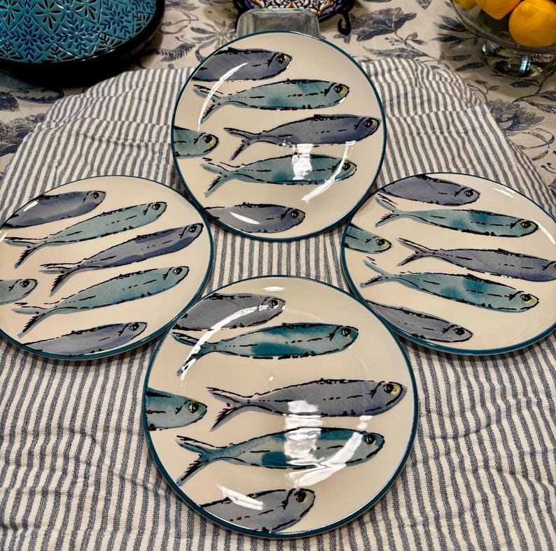 SET Vintage Style Blue Fish With Blue Trim Plates Turkish Style ...