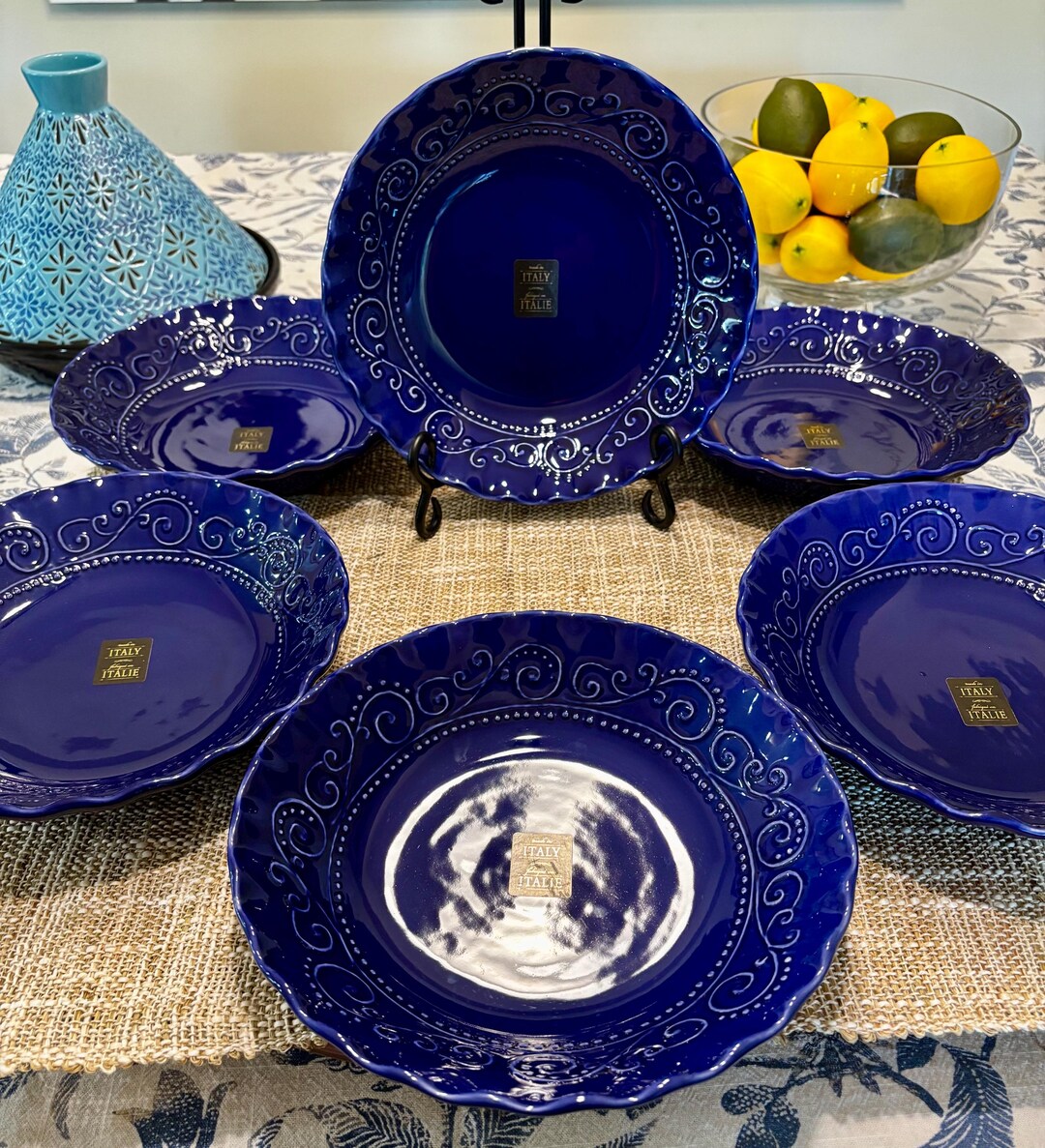 SET Authentic Italian Rich Cobalt Blue Ceramic 9.25" Pasta or Salad ...