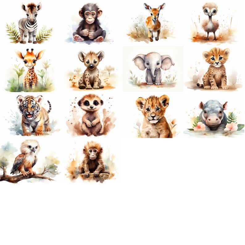 14 Wild Animal Baby Cliparts Package Vol. 1, Cute Watercolor Animals ...