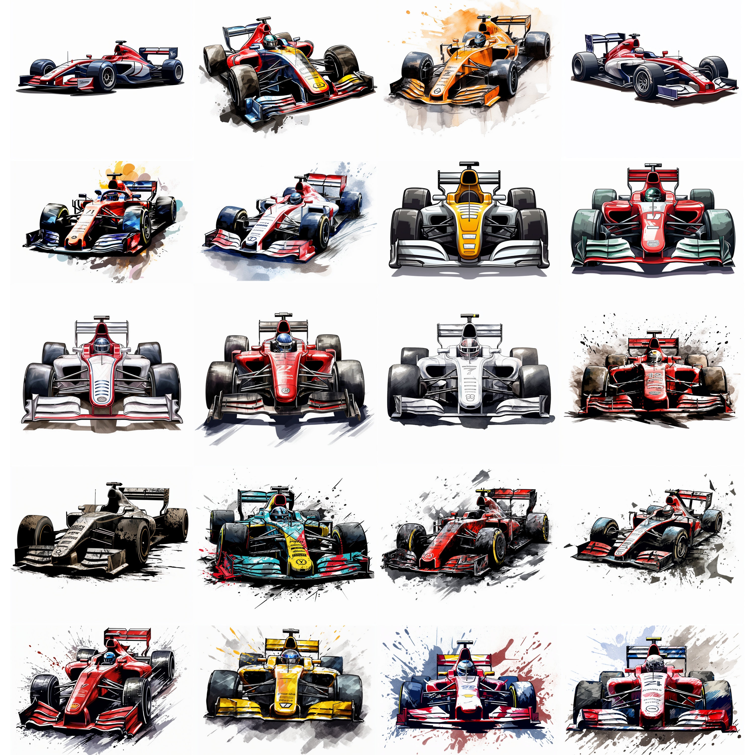Formula 1 Watercolor Clipart Bundle Vol. 1, 20 Formula 1 Watercolor ...
