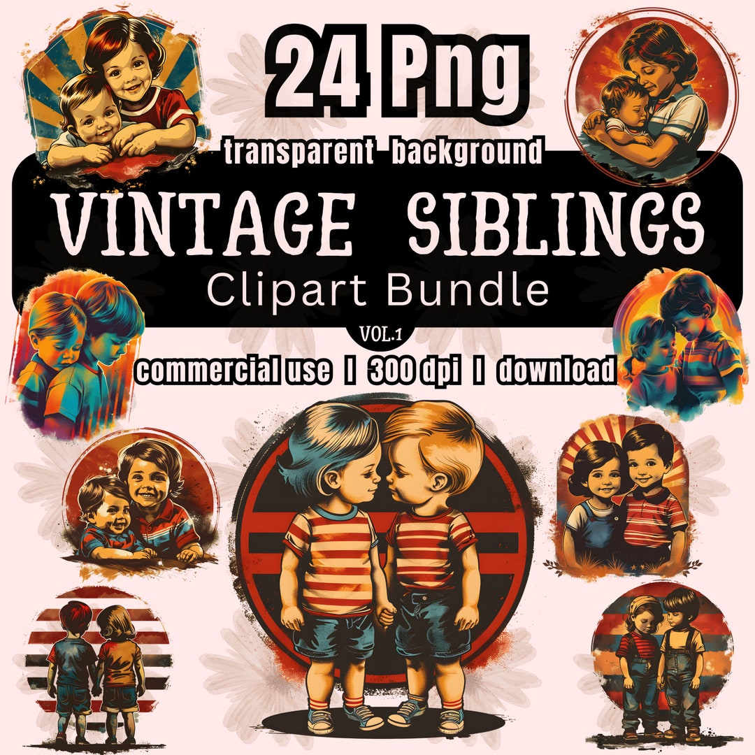 Vintage Siblings Clipart Package Vol.1, Vintage Siblings Clip Arts, 24 ...