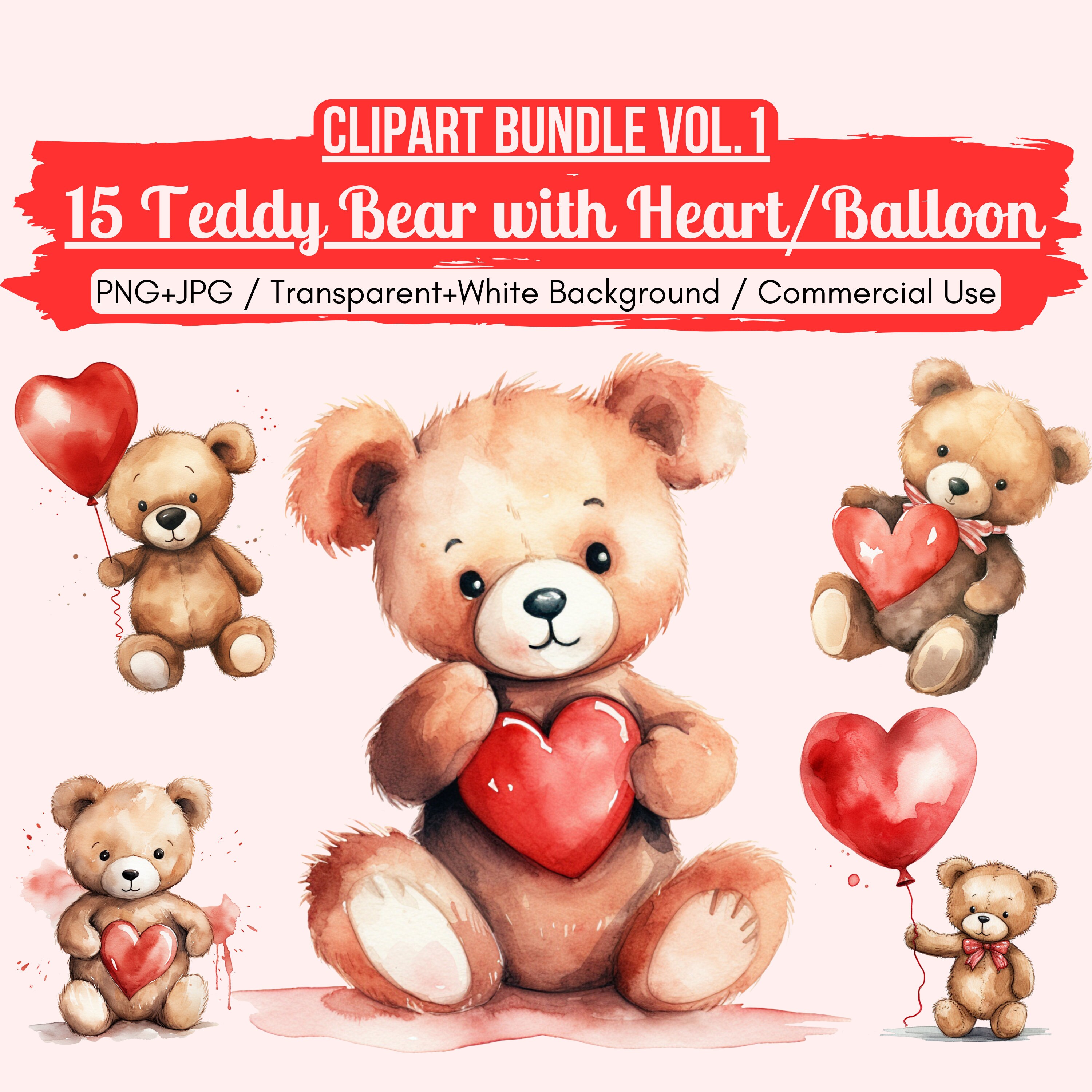 15 Teddy Bear With Heart-balloon Watercolor Clipart Bundle Vol.1 |PNG ...