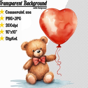 15 Teddy Bear With Heart-balloon Watercolor Clipart Bundle Vol.1 |PNG ...