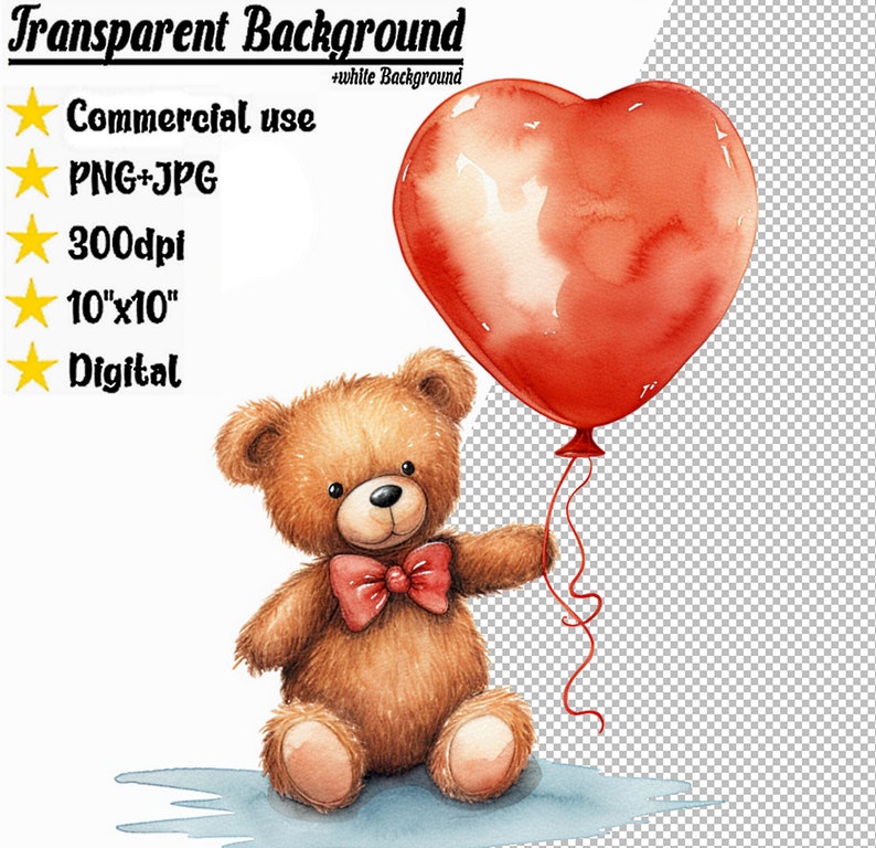 15 Teddy Bear With Heart-balloon Watercolor Clipart Bundle Vol.1 |PNG ...