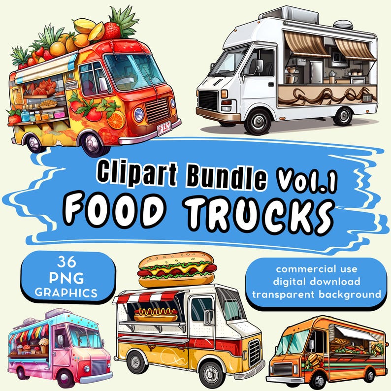 Food Truck Clipart Bundle Vol. 1, 36 Food Truck Clip Art Set, Cool ...