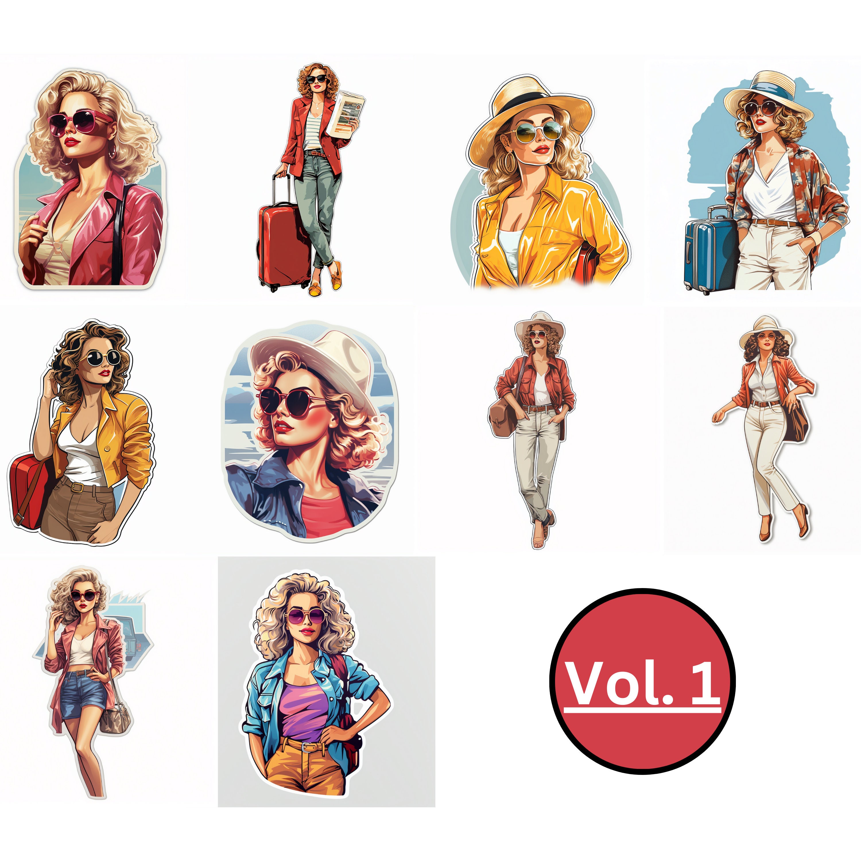 1980s Retro Travel Lady Clipart Bundle Vol.1, Women Travel Clip Arts ...