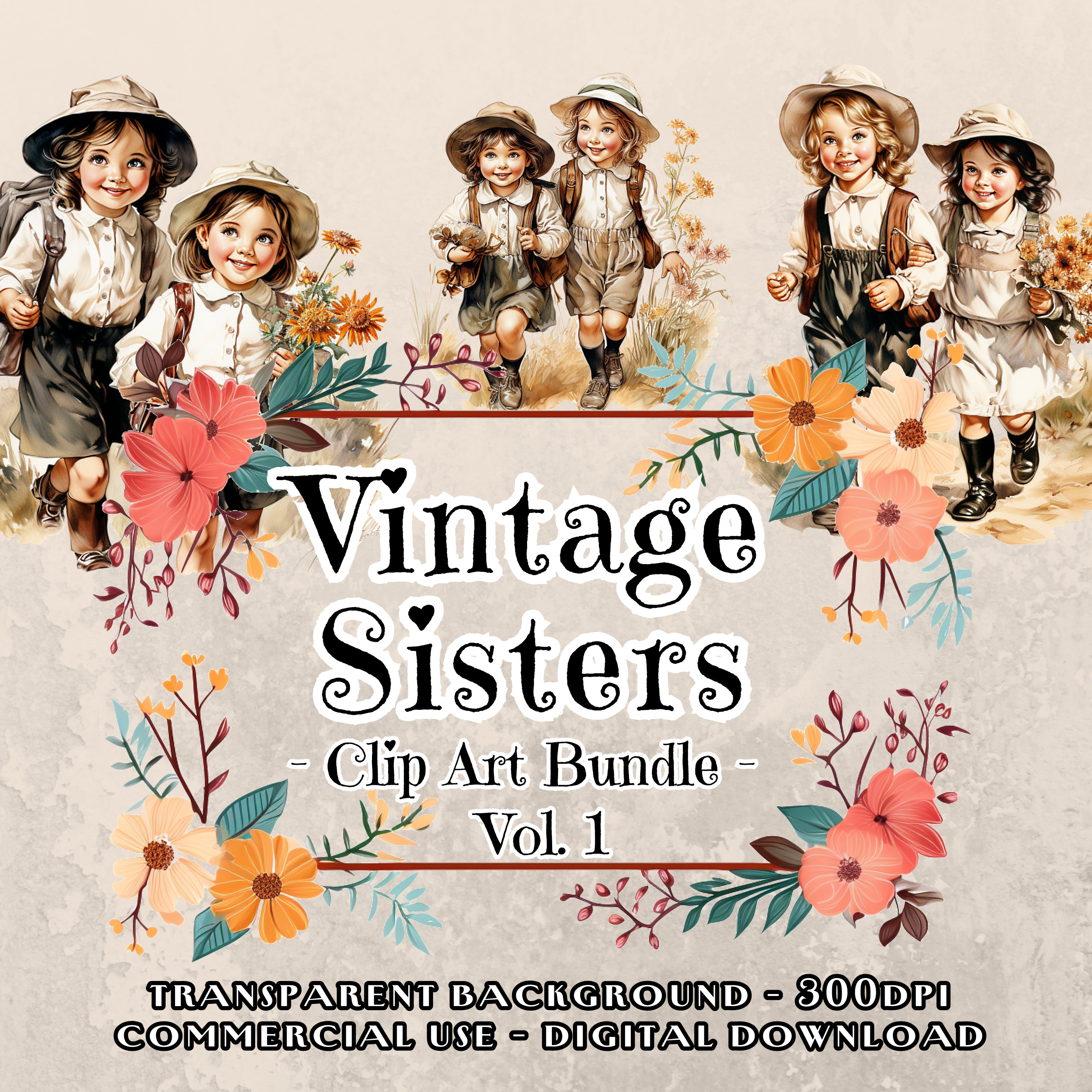 Vintage Sisters Clipart Bundle Vol.1, Sisters in Nature Clip Arts, 15 ...