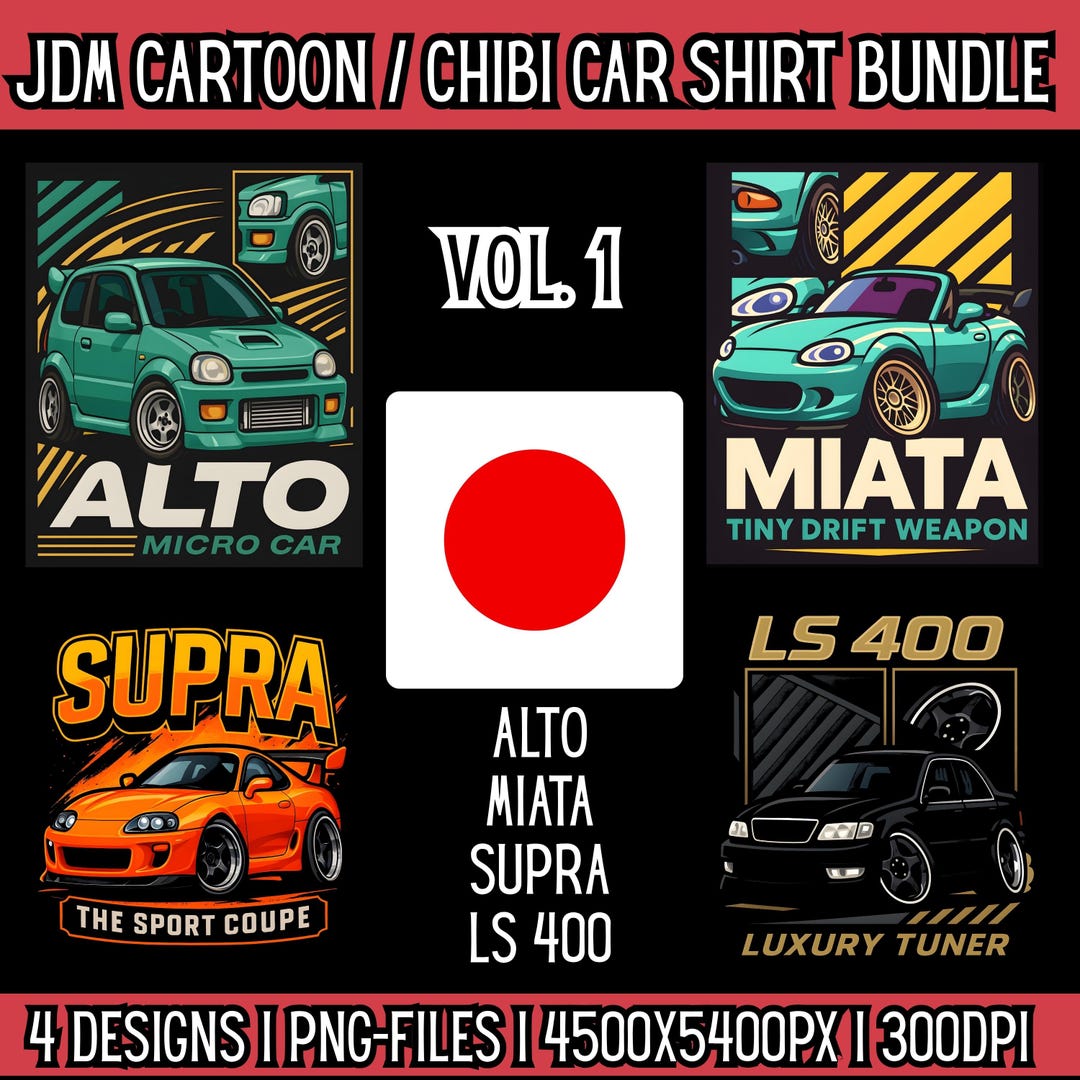 JDM Chibi Car T-shirt Design Bundle Vol.1 – 4 Pngs | Japanese Cartoon ...