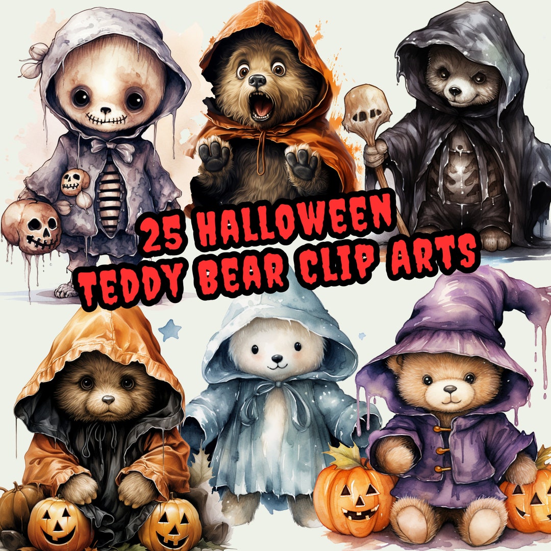 25 Teddy Bear Halloween Watercolor Clipart Bundle Vol.1 PNGJPG Graphics ...