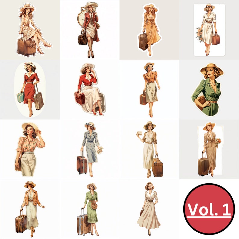 20th Century-travel Lady Clipart Bundle Vol.1, Vintage Travel Ladies ...