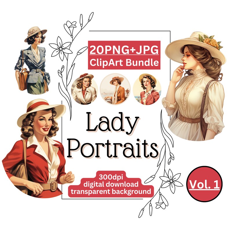 20 Lady Portrait Clipart Bundle Vol.1, Ladies Portrait Clip Art Set ...
