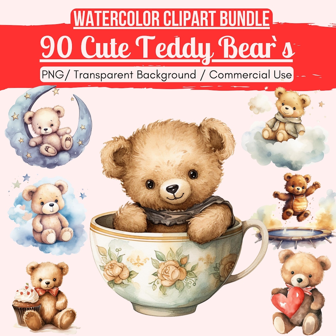 90 Cute Watercolor Teddy Bears I PNG Clipart Bundle I Teddy Bear Clip ...