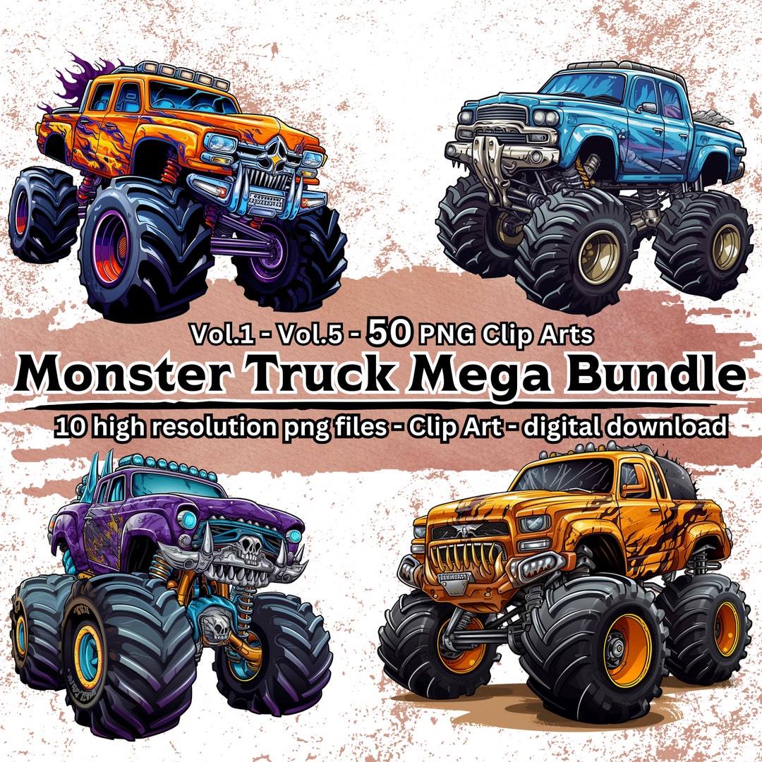 Monster Truck Clipart Mega Bundle, 50 PNG Clip Art Set, Transparent ...