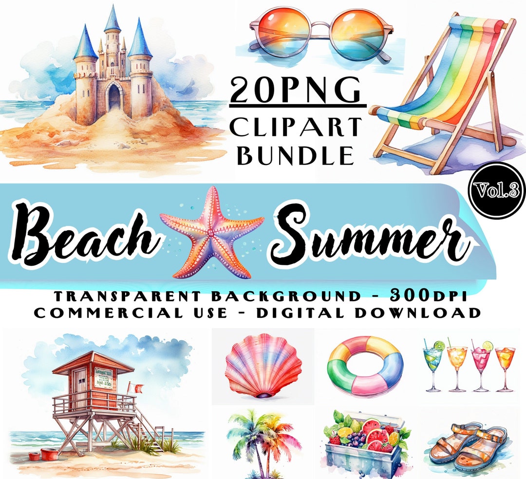 Summer Beach Clipart Bundle Vol.3, Summer Vacation Beach Watercolor ...