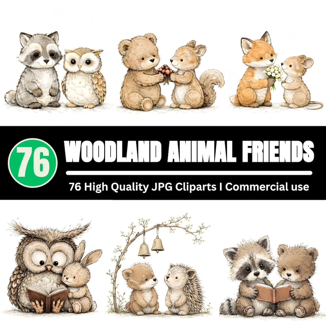 Cute Woodland Animal Friends Clipart Bundle – 76 JPG Illustrations ...